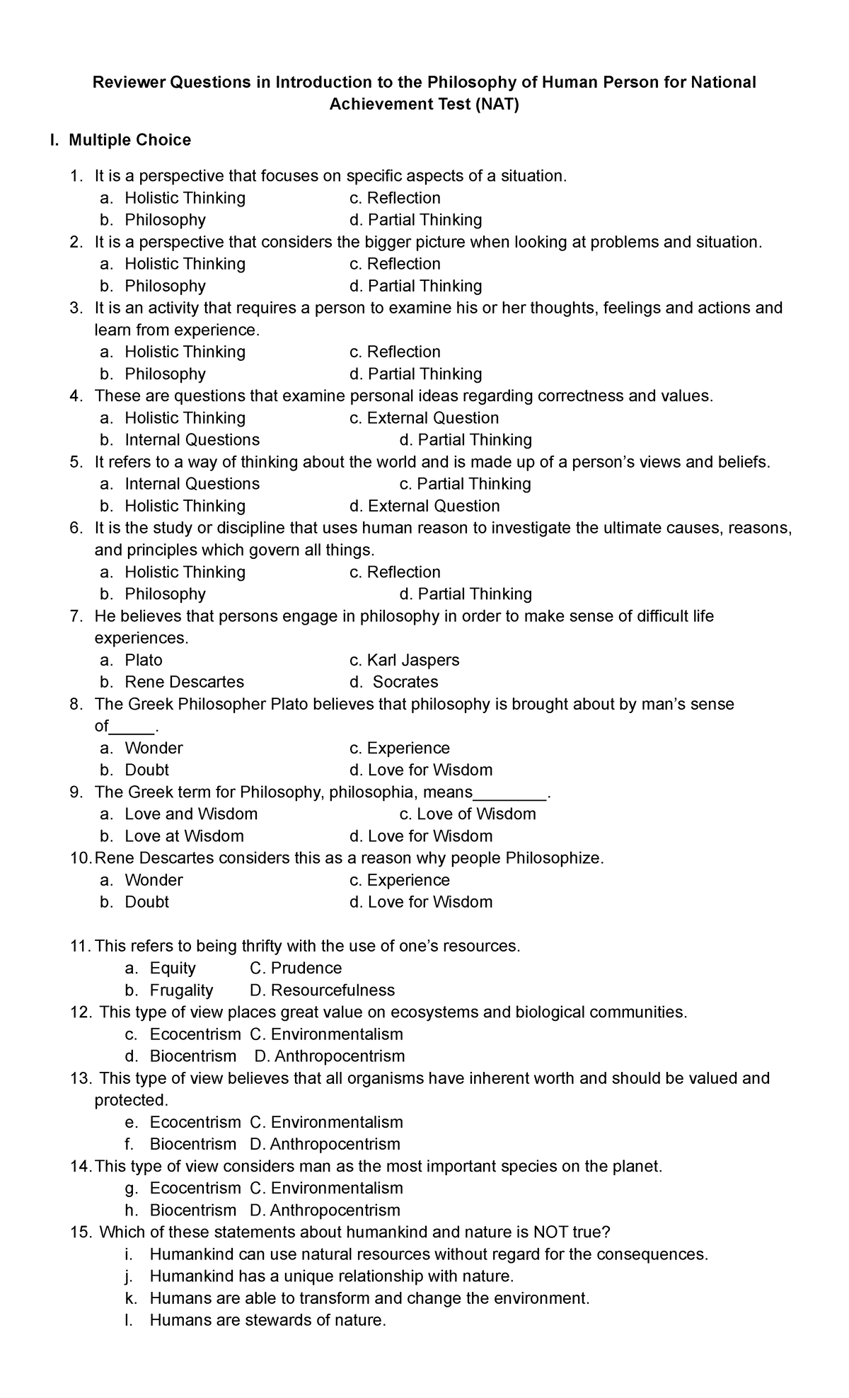 Philo Reviewer Set 3: Questions on Human Person for NAT - Studocu