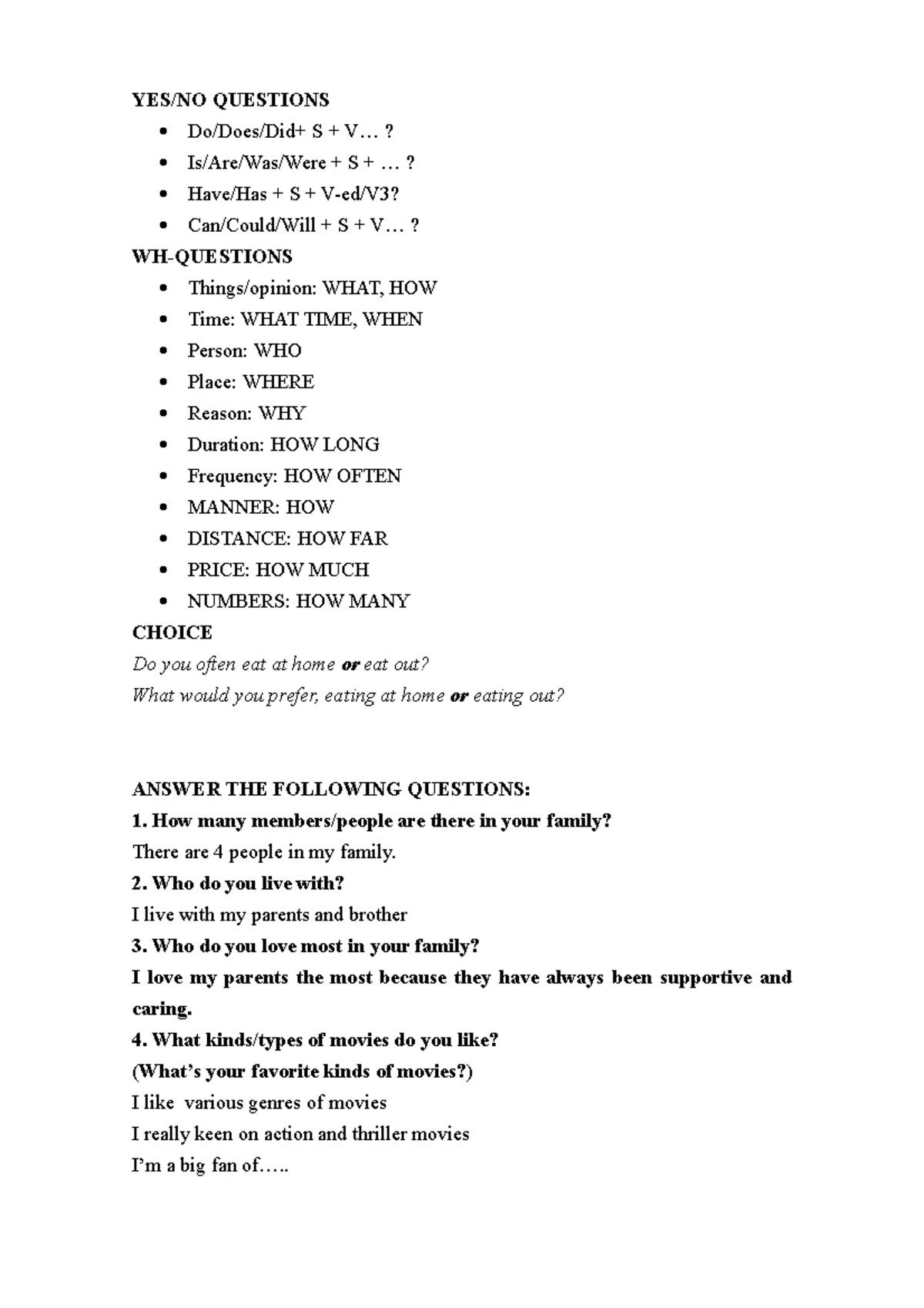 Speaking Level 1 - Yes/No & WH-Questions Practice - Studocu