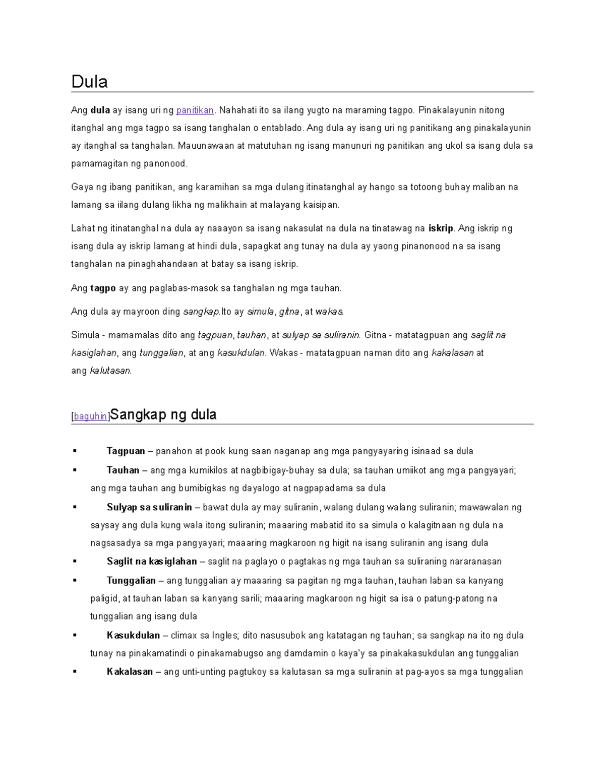 Dula: Kahulugan at Katangian ng Ibang Urai ng Panitikan - Studocu