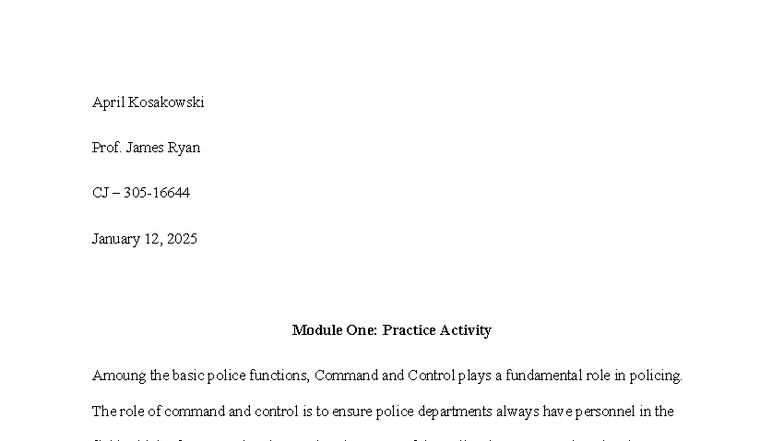 CJ 305 Module 1: Command and Control in Policing Practice Activity ...