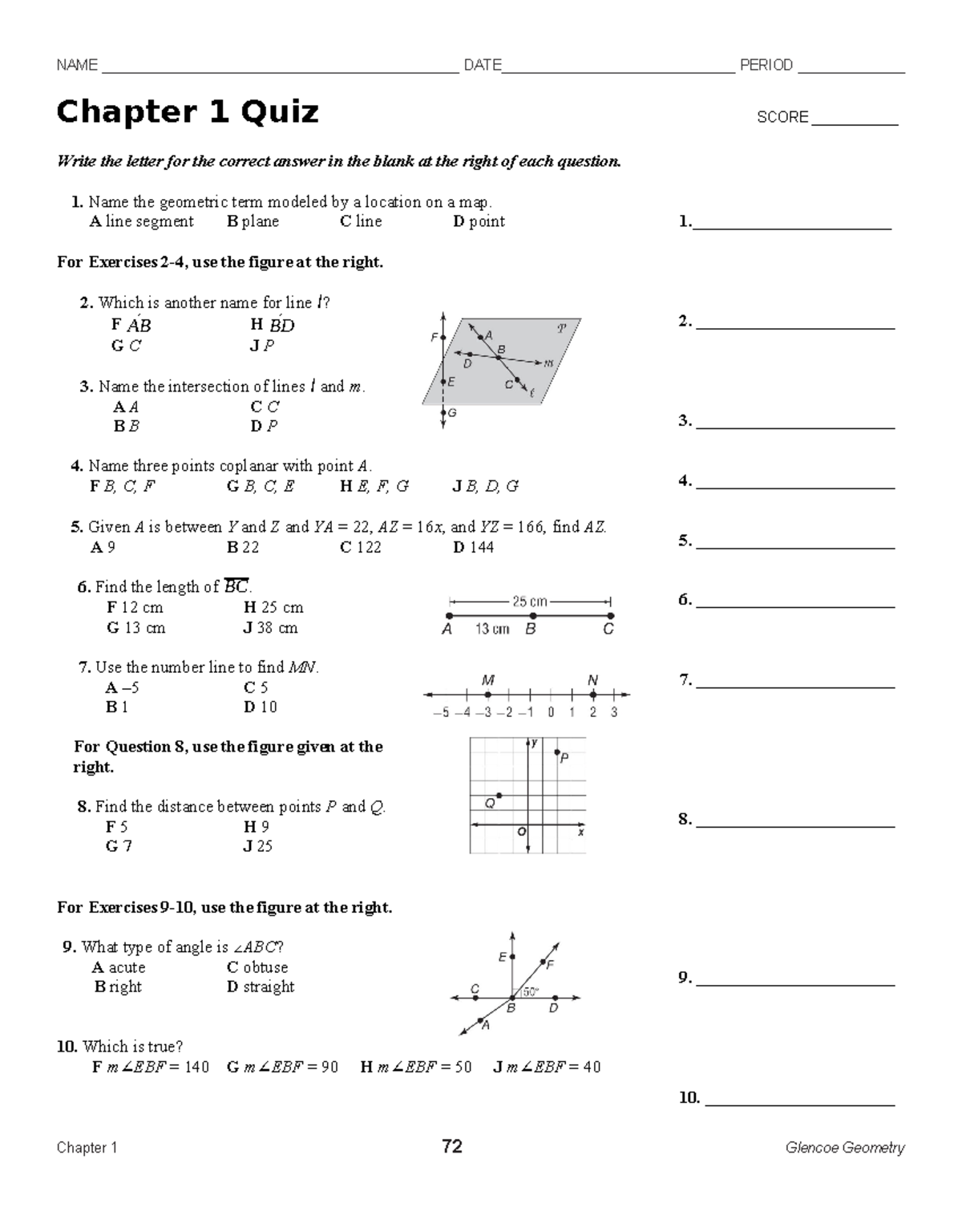 Chapter 1 Quiz: Geometry Fundamentals Review (Glencoe Geometry) - Studocu