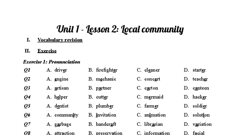 Unit 1 Lesson 2: Local Community Vocabulary & Grammar Revision - Studocu