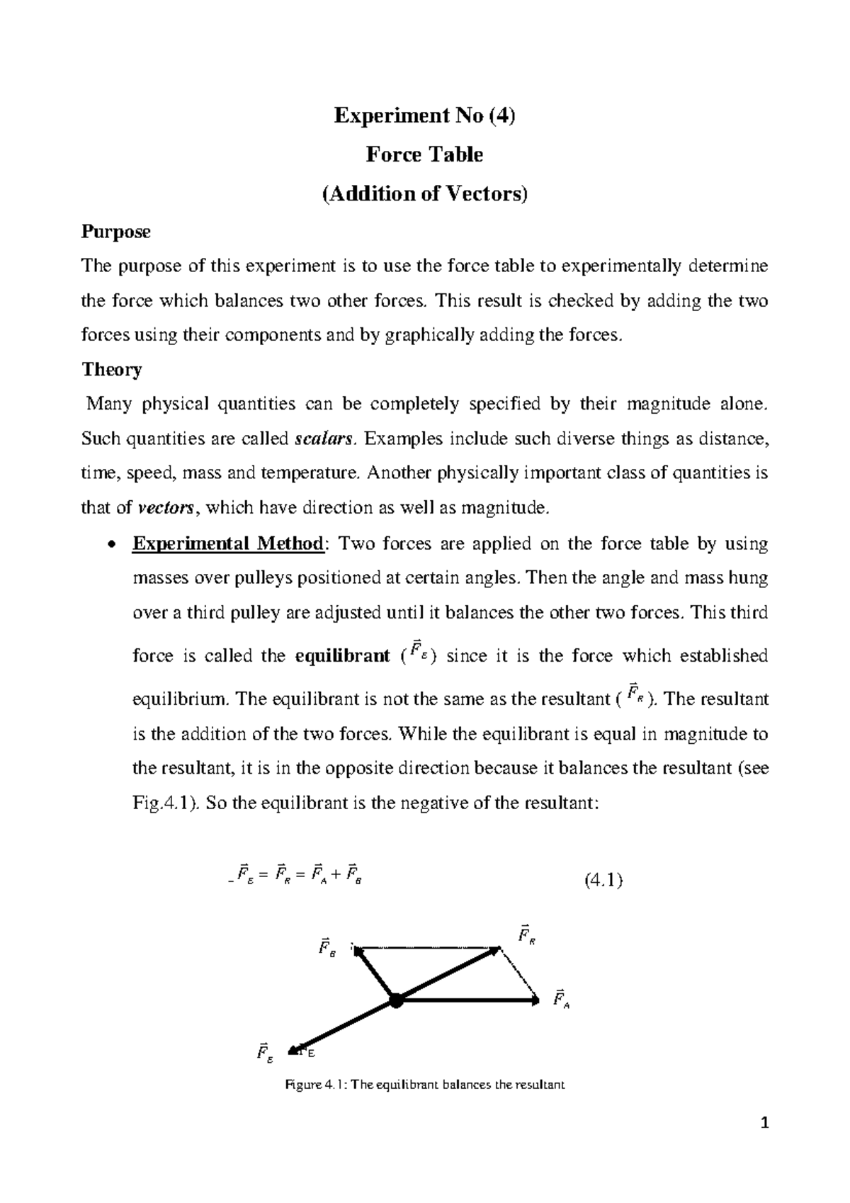 Exp. No. 4: Force Table Experiment on Vector Addition - Studocu