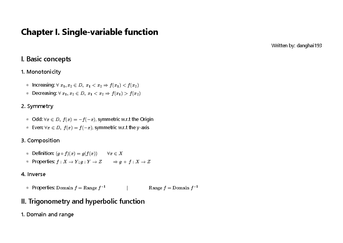 Chapter I: Single-variable Function Concepts and Properties - Studocu