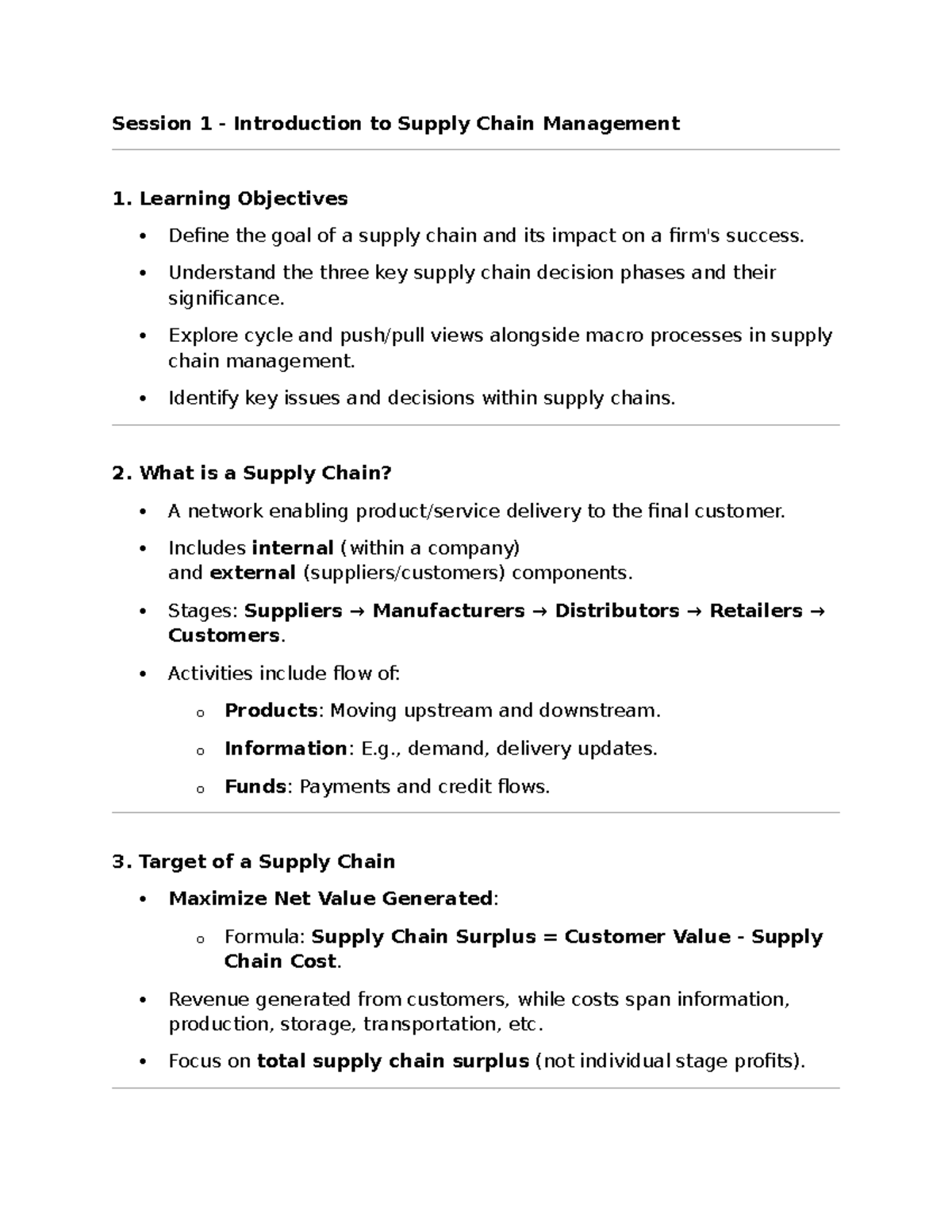 Supply Chain Management Notes - Session 1 - Introduction to Supply ...