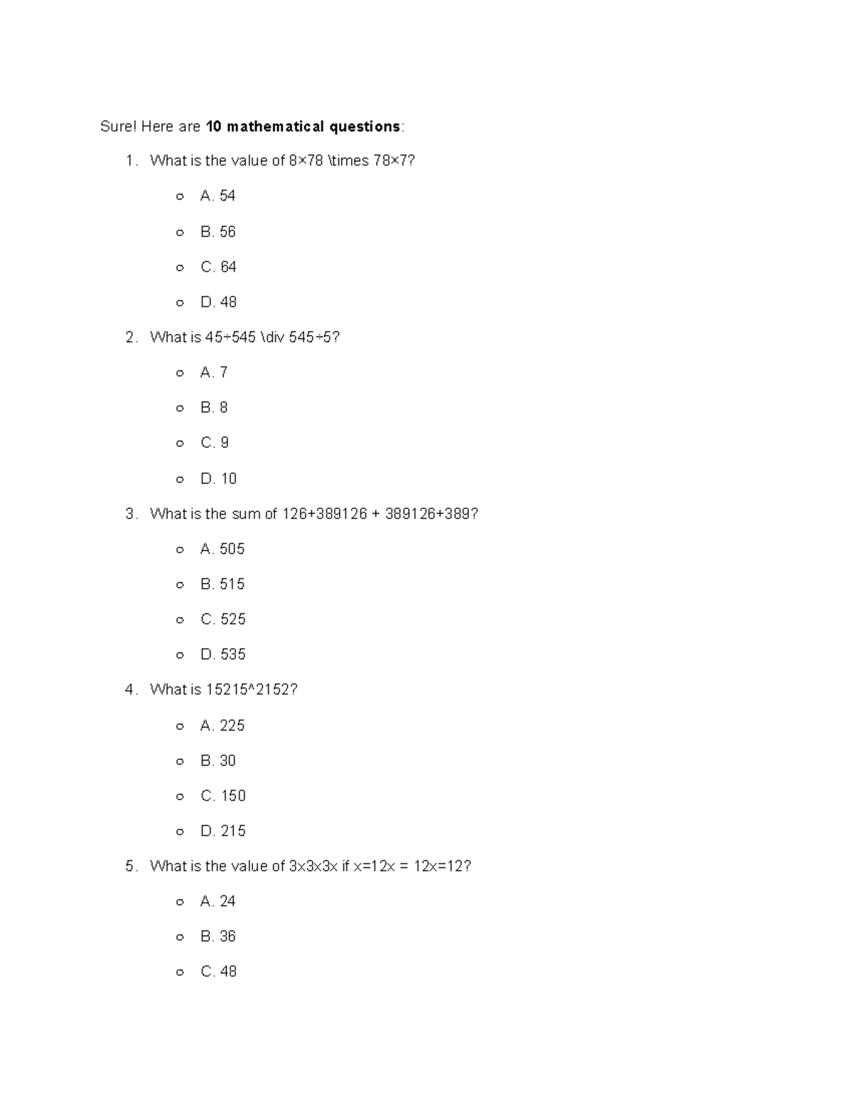 Math Quiz Questions and Answers: Practice Set for Students - Studocu