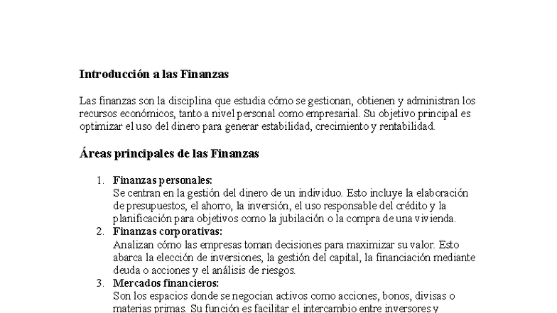 Introducción a las Finanzas: Conceptos y Áreas Clave - Studocu