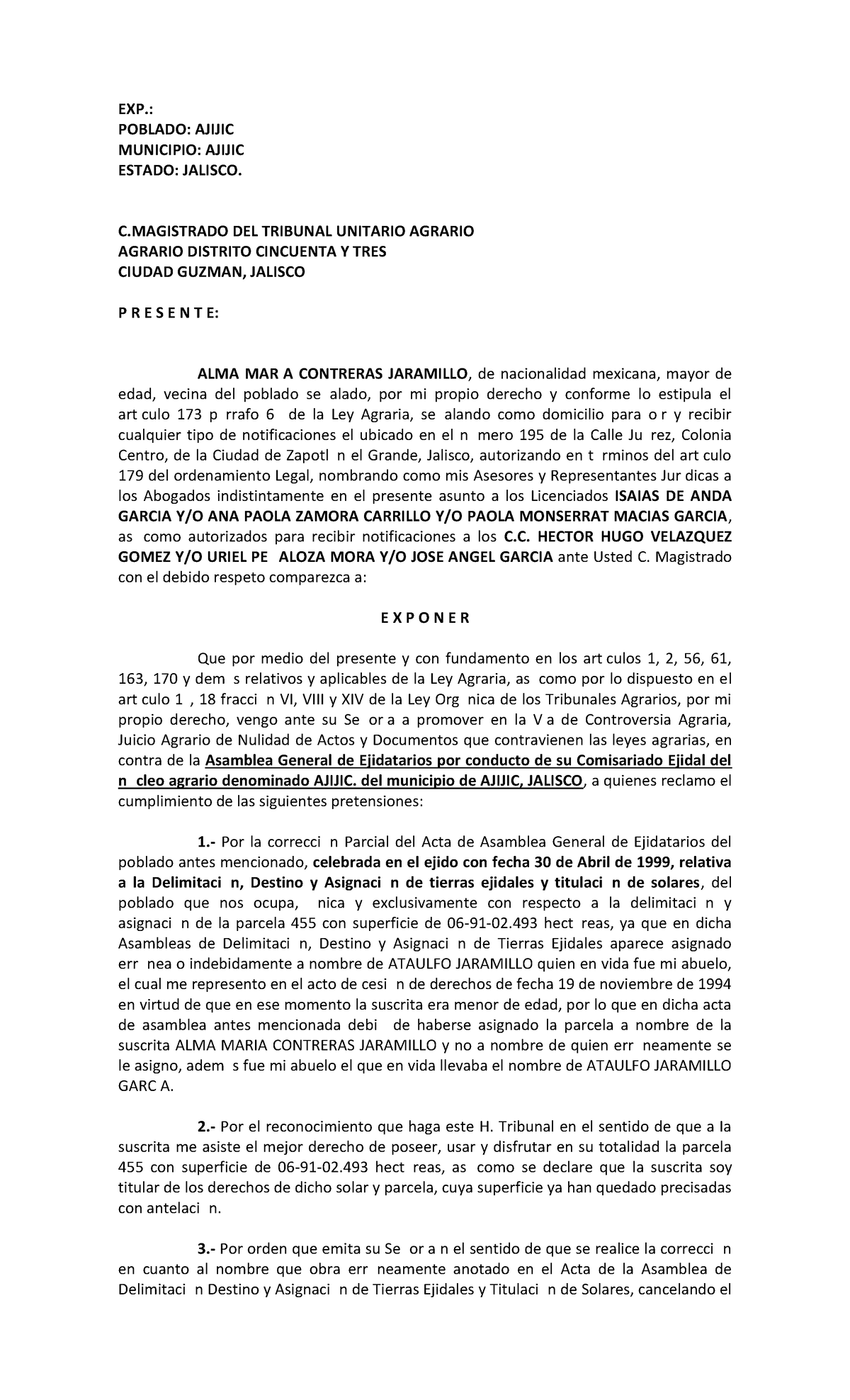 Demanda Agraria en el Tribunal Unitario Agrario 53 - Jalisco - Studocu
