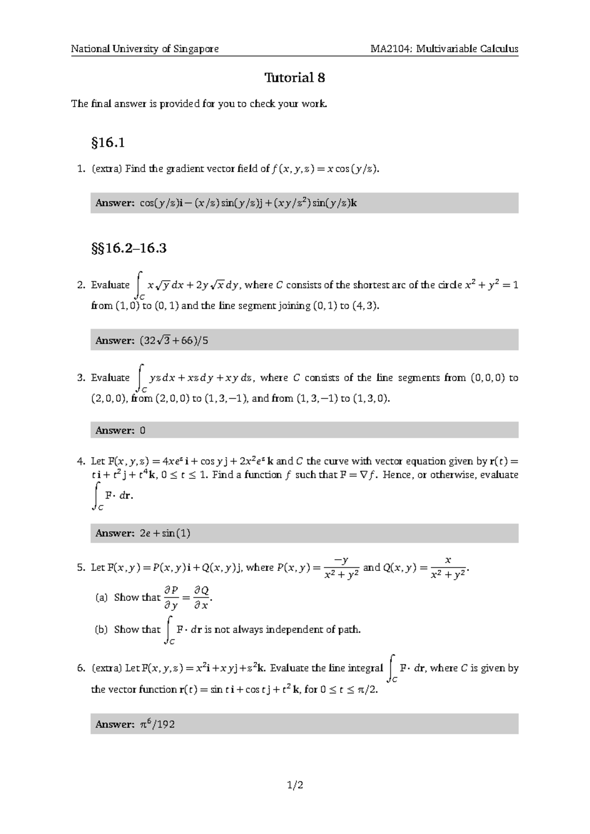 Tutorial 8 - National University of Singapore MA2104: Multivariable ...