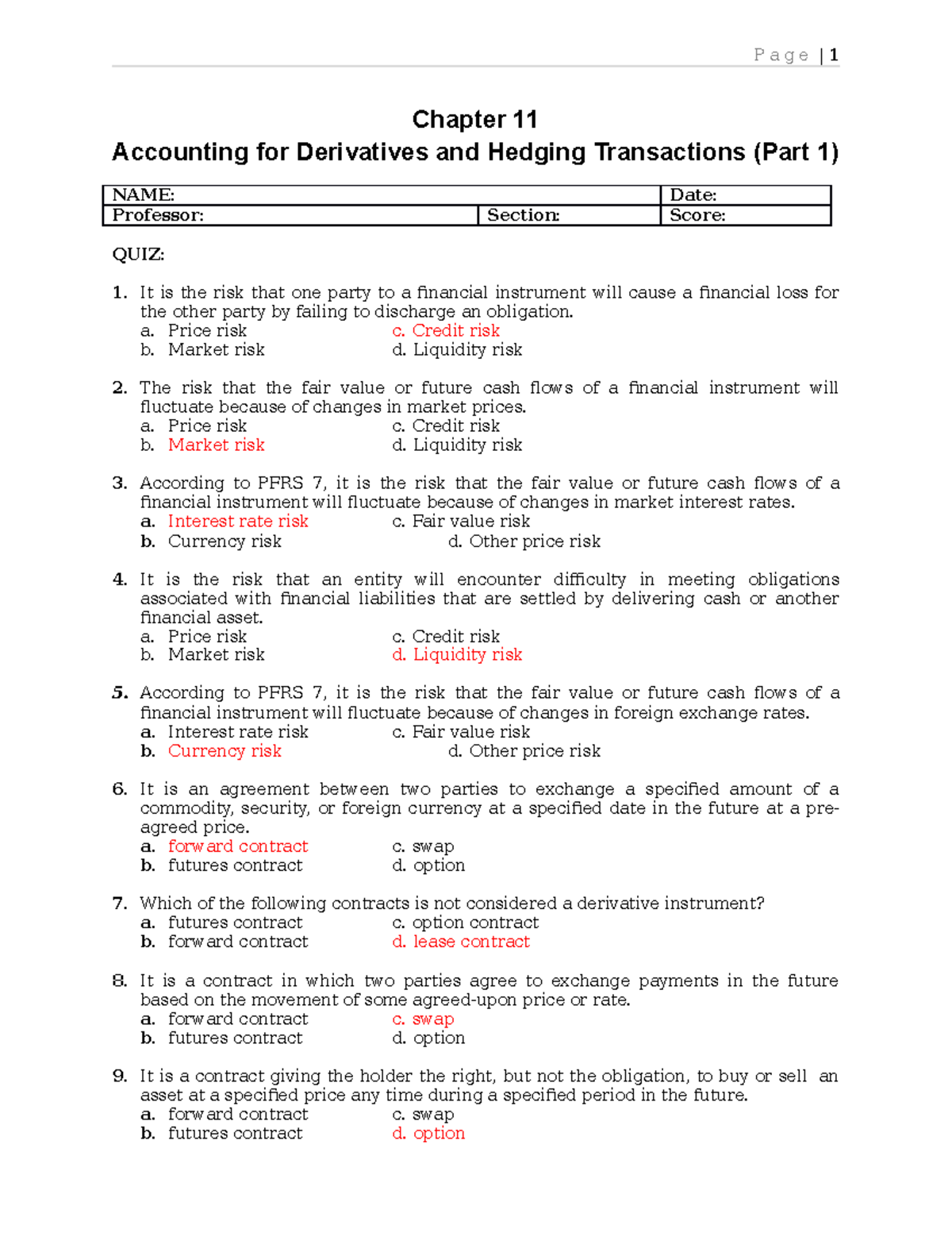 QUIZ: Chapter 11 Acctg for Derivatives & Hedging Transactions (Part 1 ...