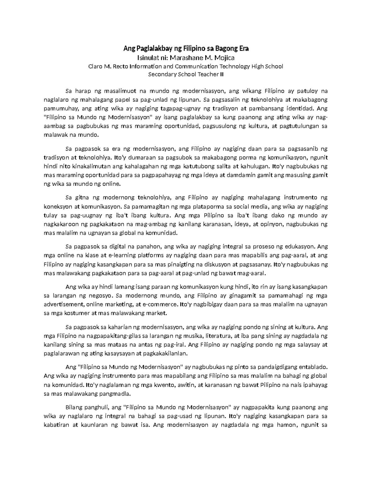 Filipino sa Mundo ng Modernisasyon: Isang Masusing Pag-aaral - Studocu