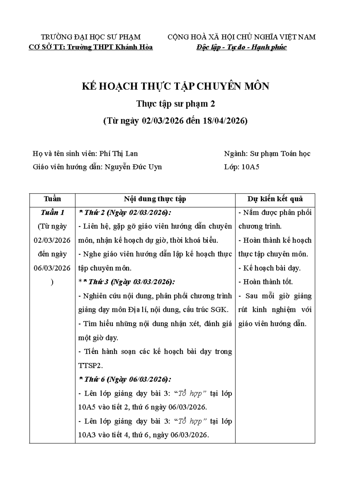 KẾ HOẠCH THỰC TẬP CHUYÊN MÔN TTCM 1234 - Phí Thị Lan - Studocu