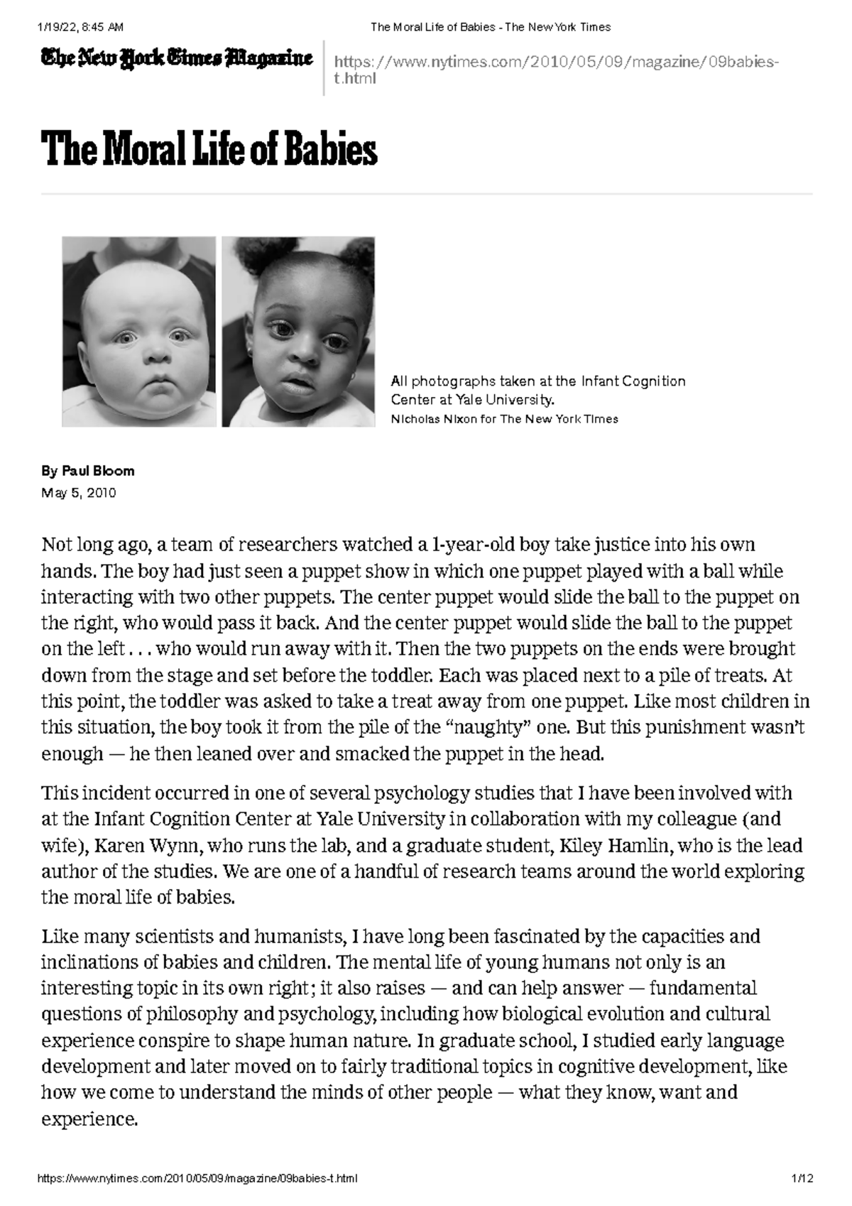 The Moral Life of Babies: Insights from Yale's Research Studies - Studocu