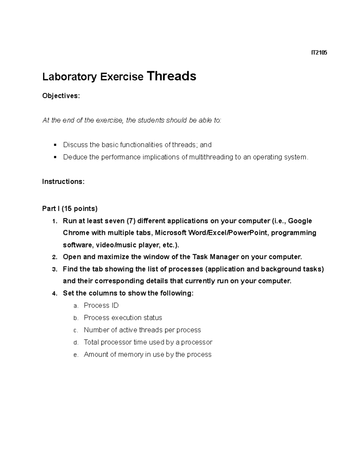 03 IT Laboratory Exercise 1: Exploring Multithreading Concepts - Studocu