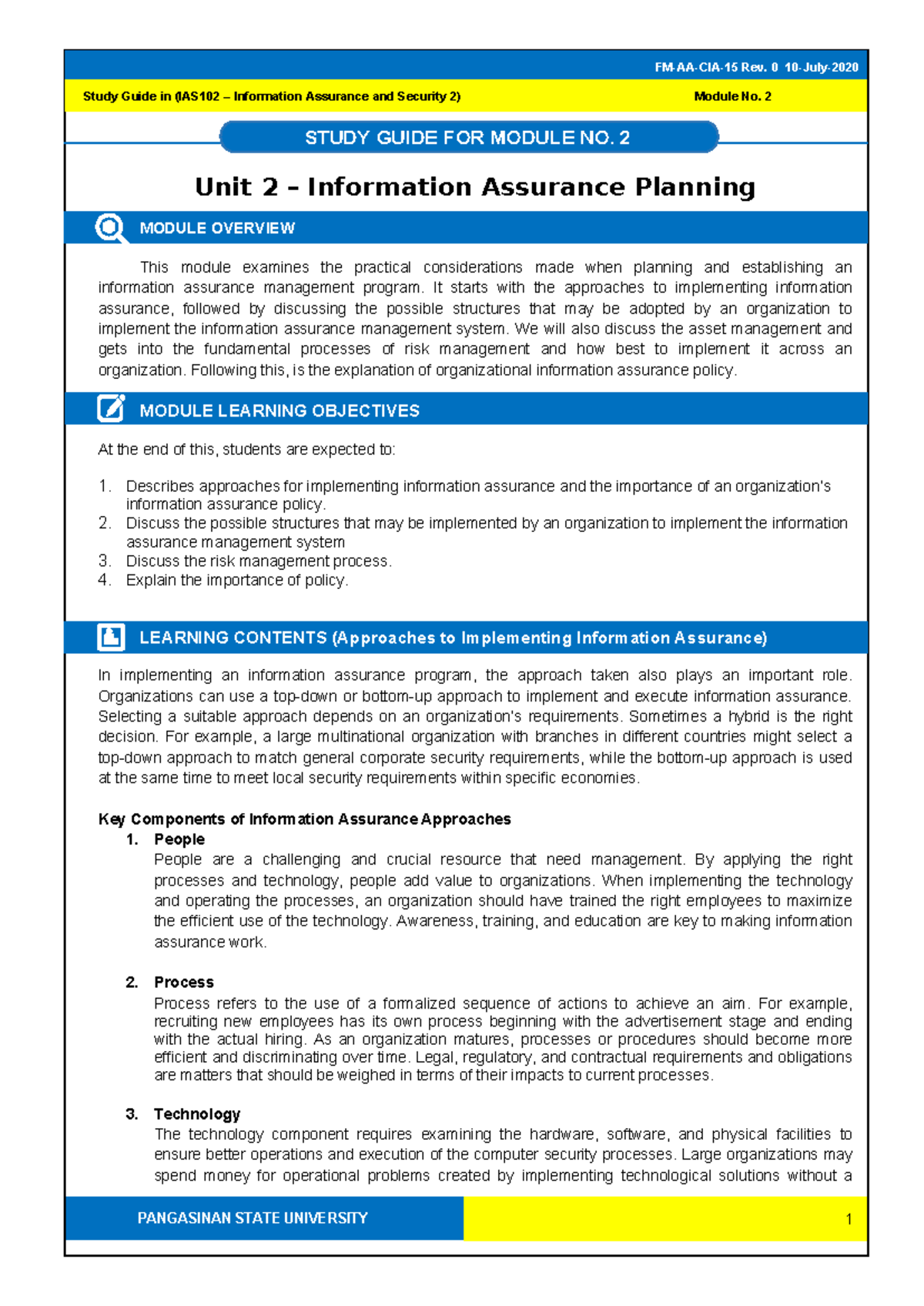 IAS102 Study Guide: Module 2 - Information Assurance Planning - Studocu