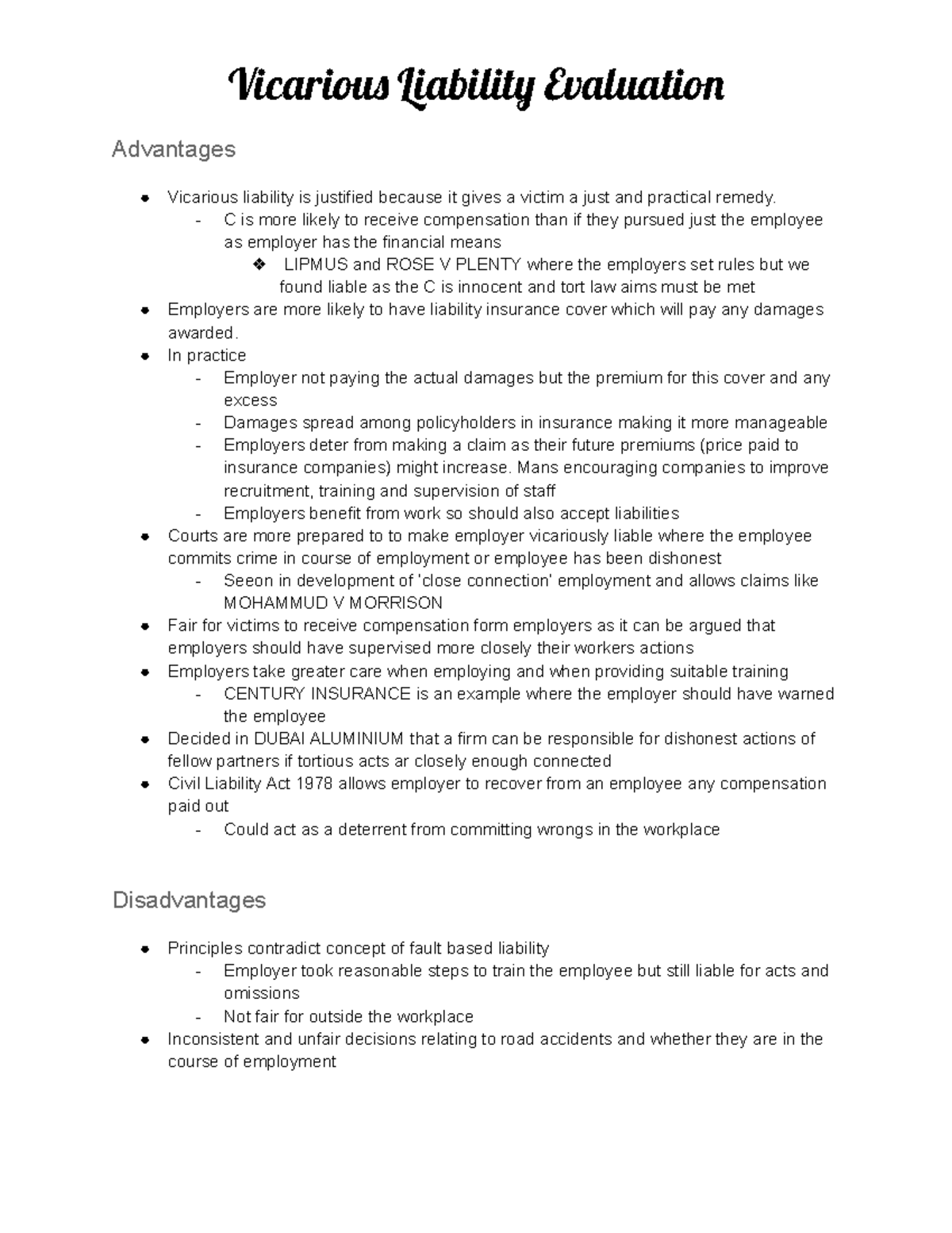 Vicarious Liability Evaluation: Key Advantages and Disadvantages - Studocu