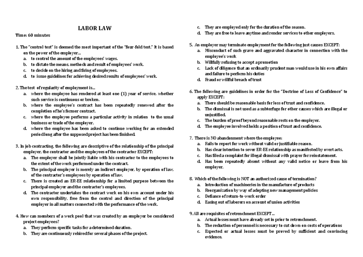 Labor Law Standards Review - Exam Preparation (60 min) - Studocu