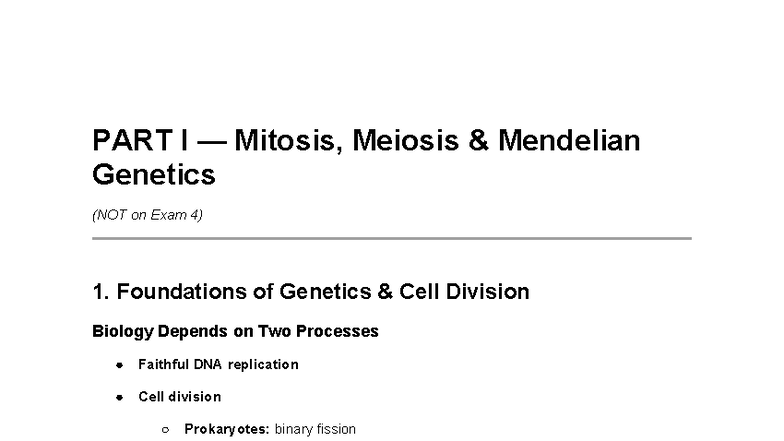 BIOL 101 - Exam 4 Study Guide: Mitosis, Meiosis & Genetics - Studocu