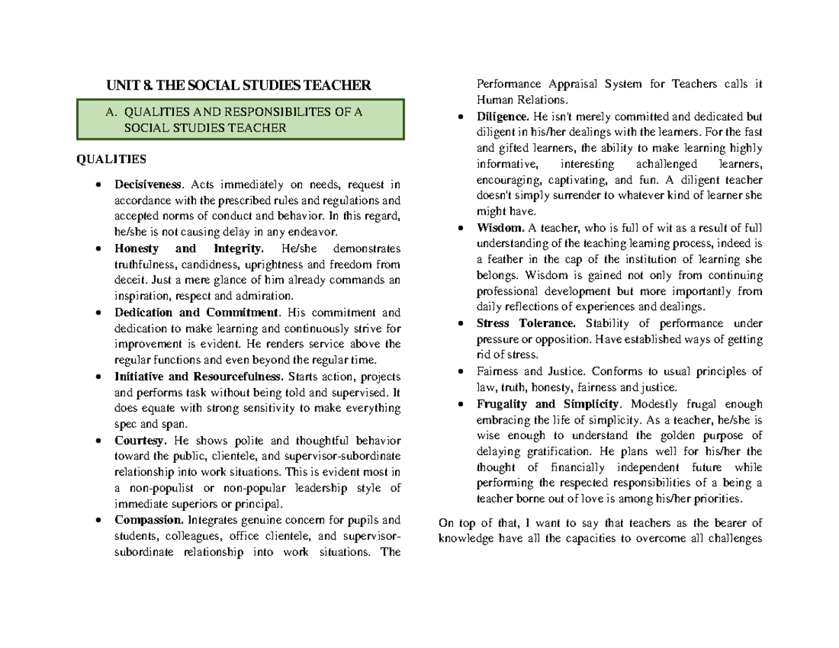 UNIT 8: Qualities & Responsibilities of a Social Studies Teacher - Studocu