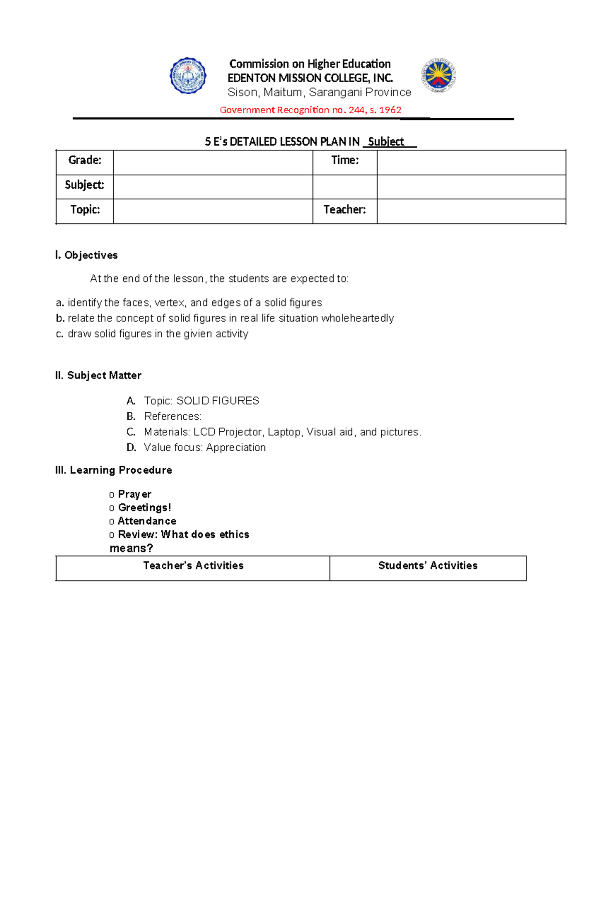 5-ES-Math Detailed Lesson Plan on Solid Figures - Studocu