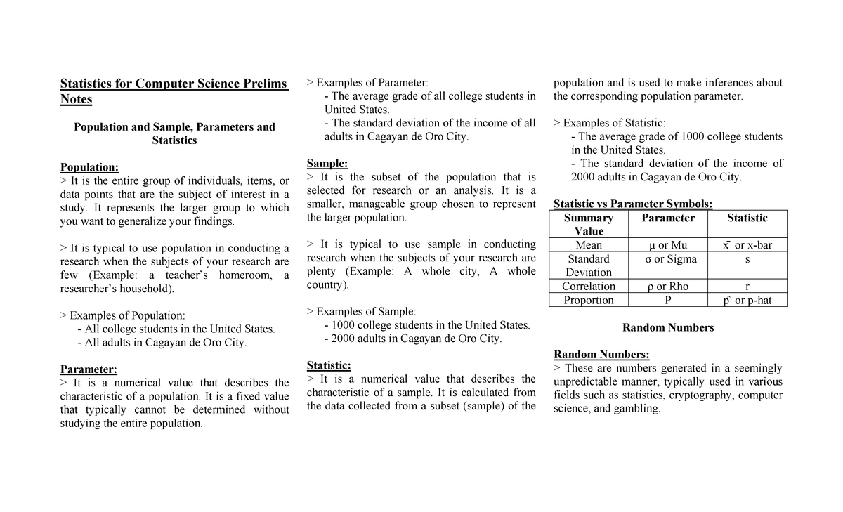 Statistics for Computer Science: Prelims Study Notes - Studocu