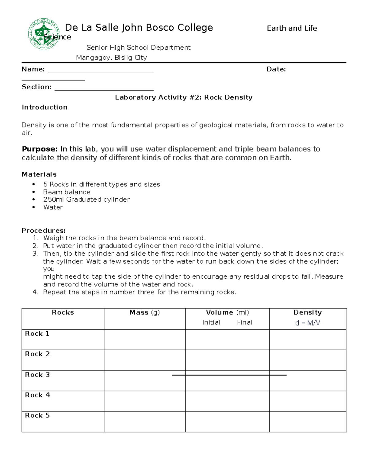 Rock Density Lab Worksheet - Earth & Life Sci - SHS - Studocu