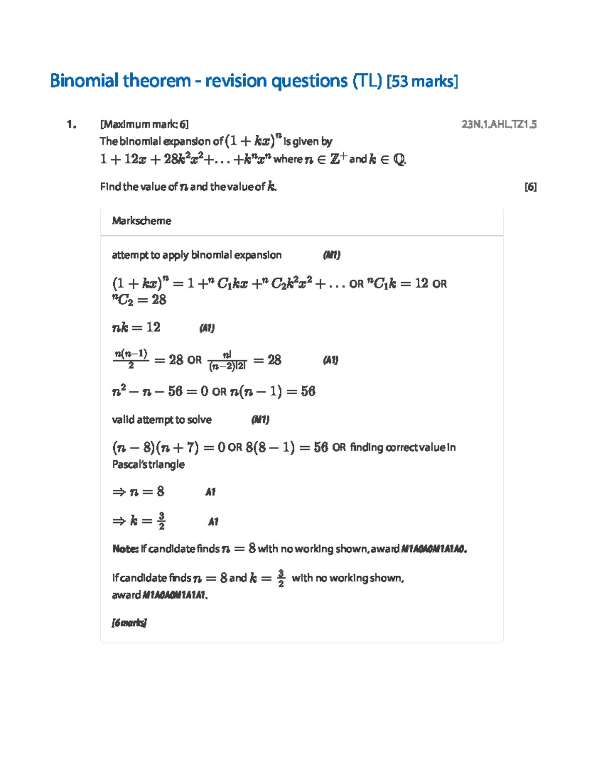 Binomial Theorem Revision Questions TL Markscheme - Studocu