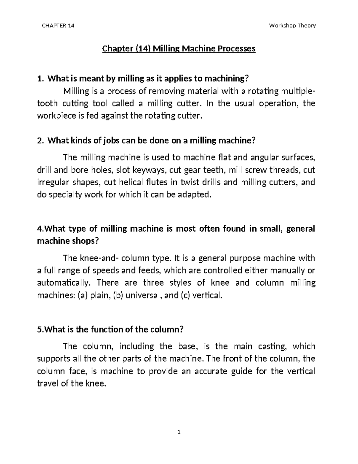 Chapter 14 WS - Lecture note - Chapter (14) Milling Machine Processes 1 ...