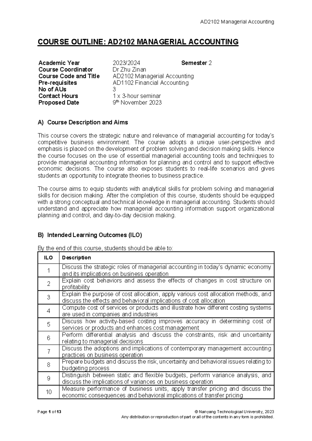 AD2102 Managerial Accounting Course Outline S2 AY2023/2024 - Studocu