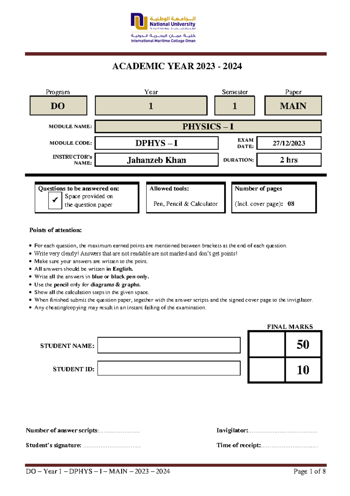 Dphys-I-final-fall-2023 - ACADEMIC YEAR 20 23 - 2024 Program Year ...