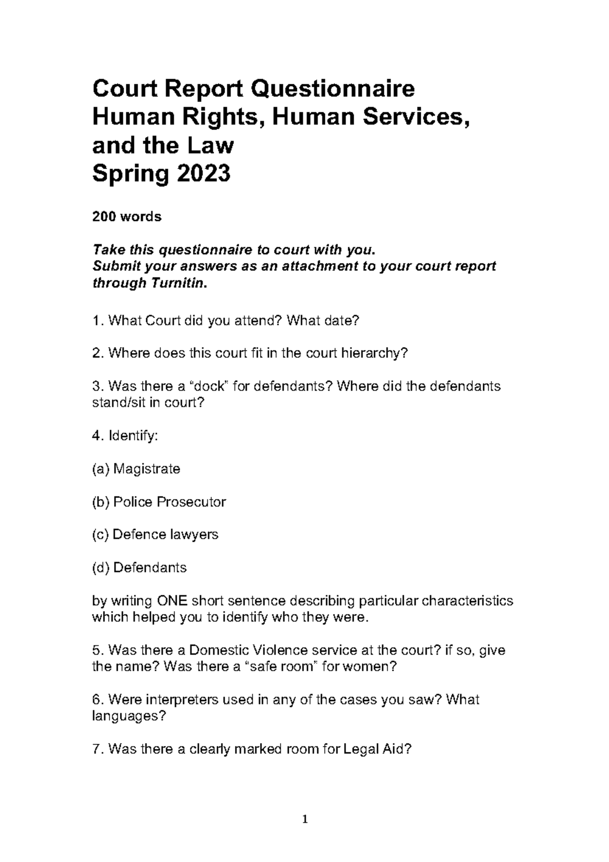 Court Report Questionnaire 2023 - 1 Court Report Questionnaire Human ...