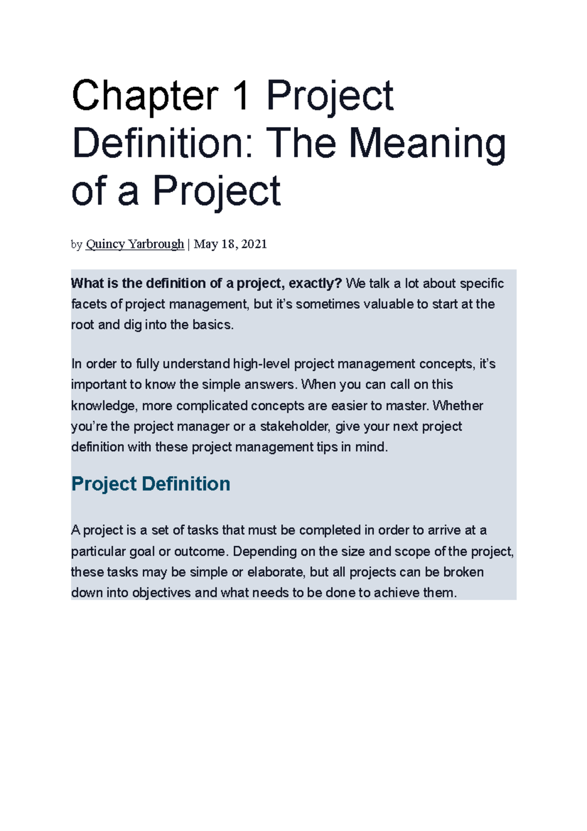 Project Definition - lecture notes - Chapter 1 Project Definition: The ...