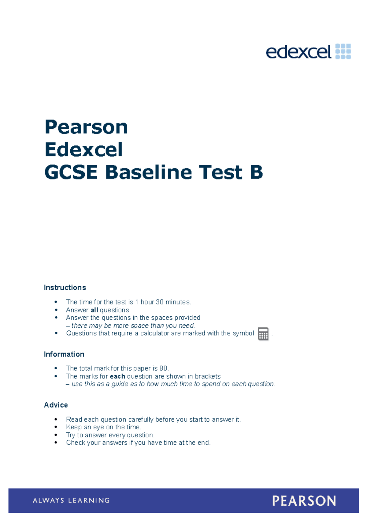 GCSE Maths Baseline Test B (Pearson Edexcel) - Complete Questions ...