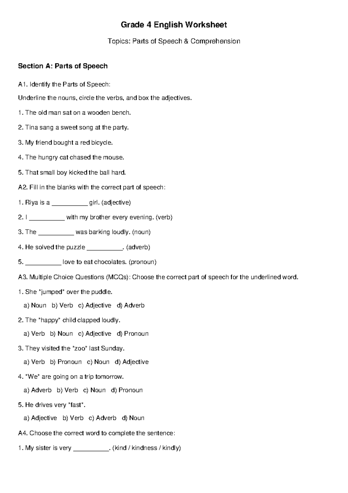 Grade 4 English Worksheet: Parts of Speech & Comprehension Activities ...