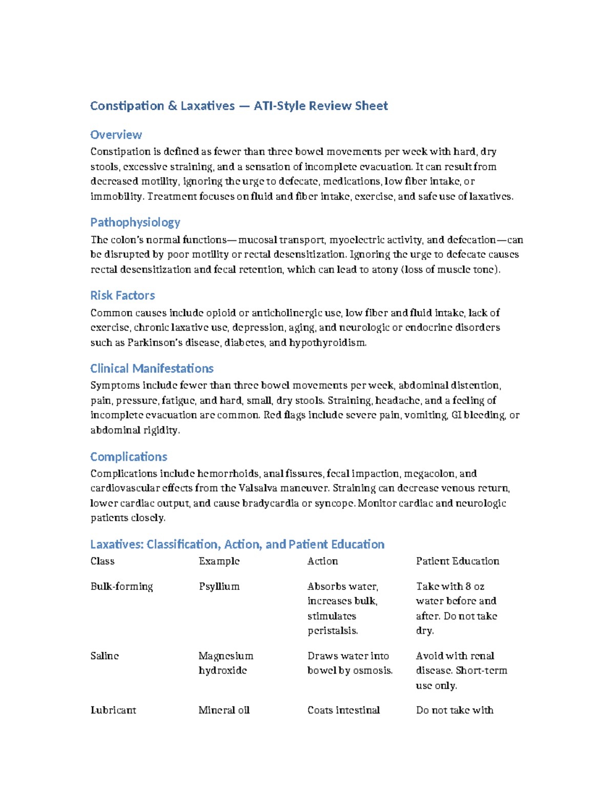 Constipation Laxatives Overview & Nursing Interventions Guide - Studocu