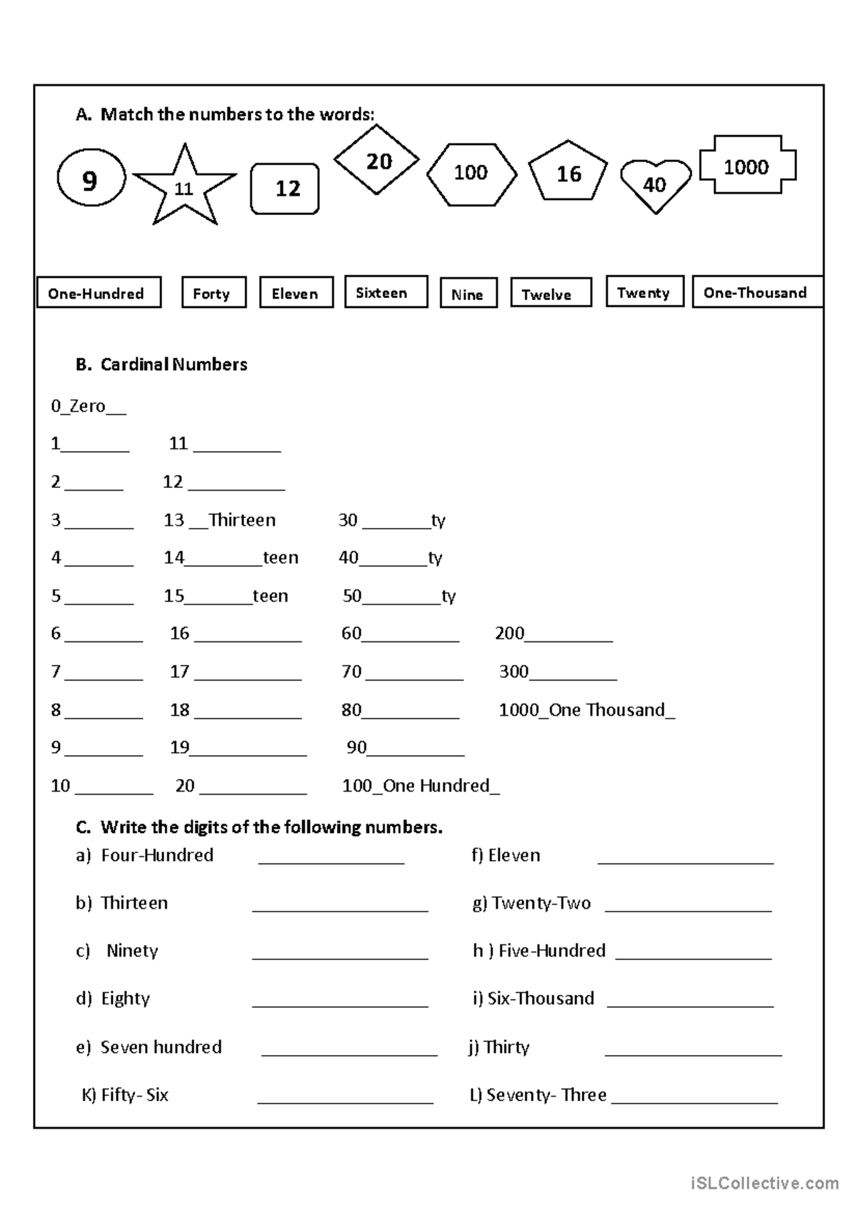 Numbers Test for Class 2B: Matching & Cardinal Numbers - Studocu