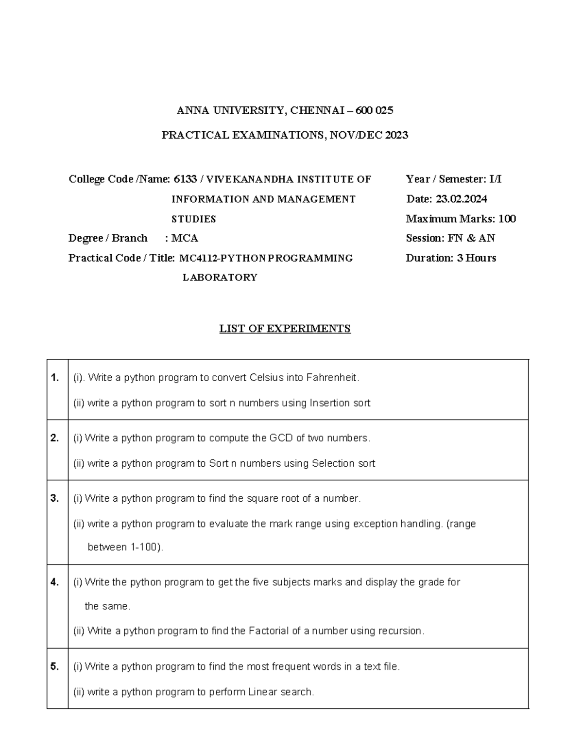 List of Experiments - Python Programming Practical MC4112 (Nov-Dec 2023) - Studocu