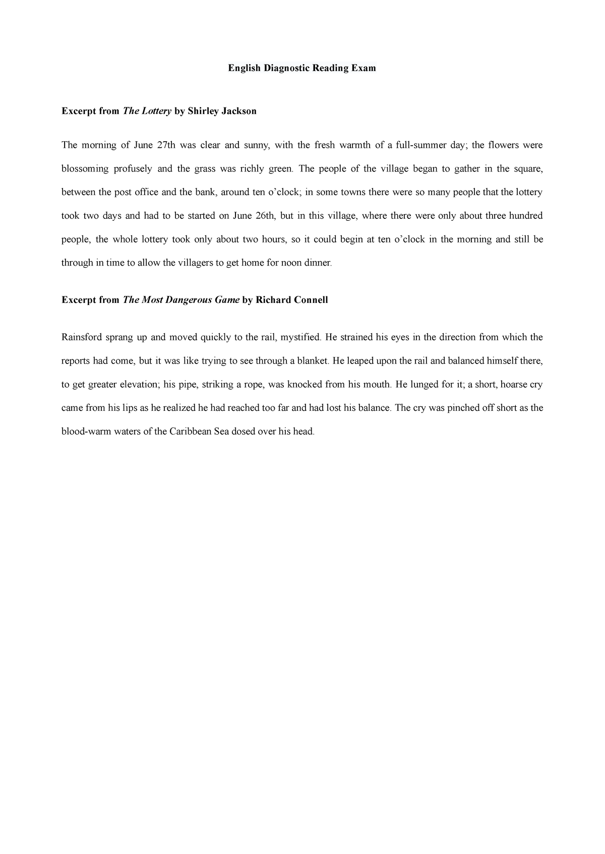 English Reading - English Diagnostic Reading Exam Excerpt from The ...