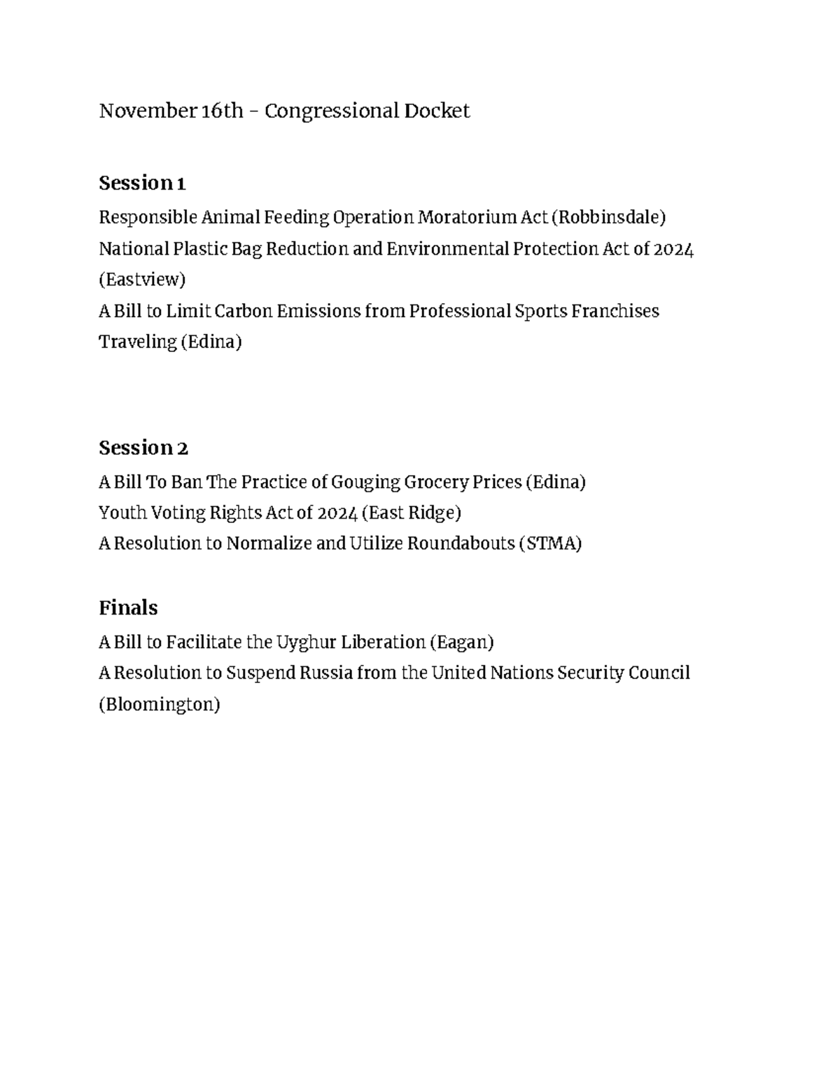 Edina Legislation - Not - November 16th - Congressional Docket Session ...