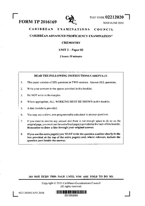 CAPE Chemistry 2024 Unit 1 Paper 2 Exam Instructions and Questions ...
