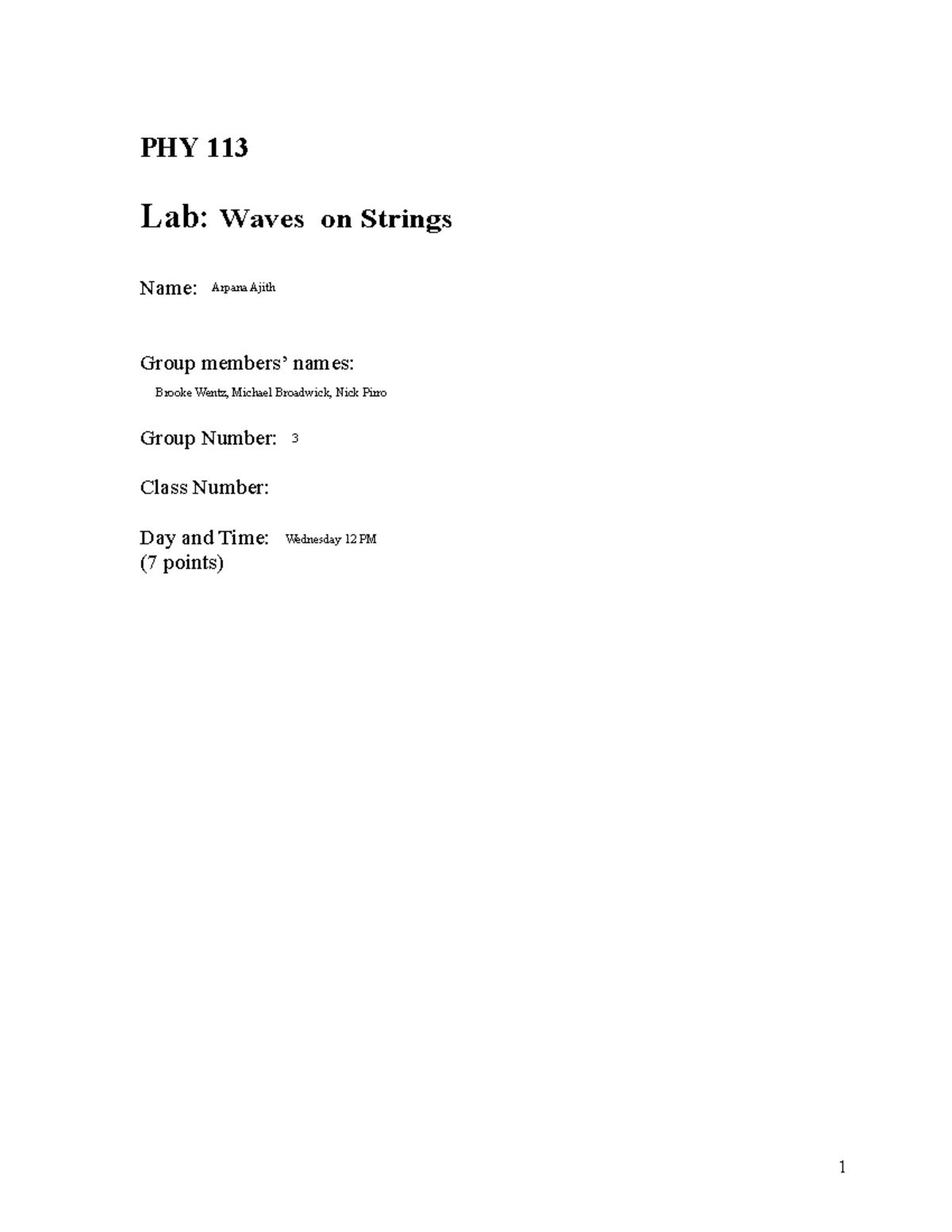 PHY 113 Lab Worksheet: Exploring Waves on a String Experiment - Studocu