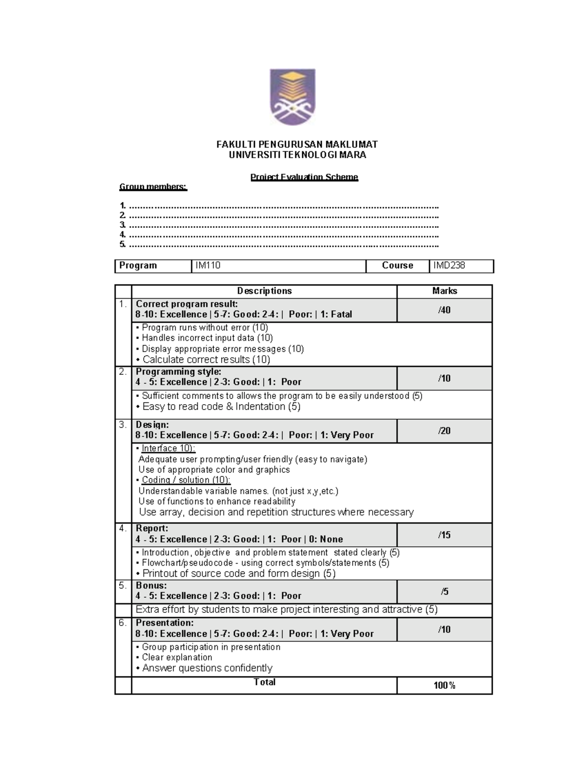 IM110 Project Evaluation Scheme for Group Assessment at UiTM - Studocu