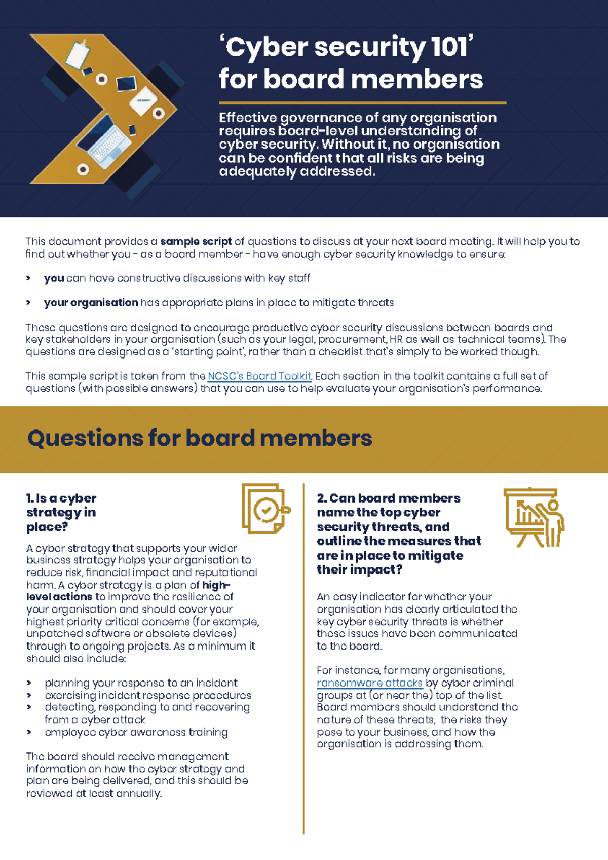 NCSC Board Toolkit: Cyber Security Questions for Board Members - Studocu
