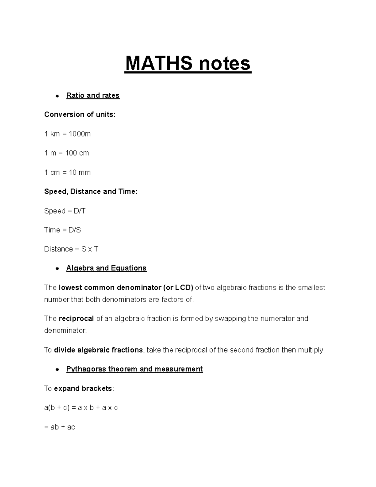 Maths Study Notes - Year 8: Ratios, Algebra, & Pythagorean Theorem ...