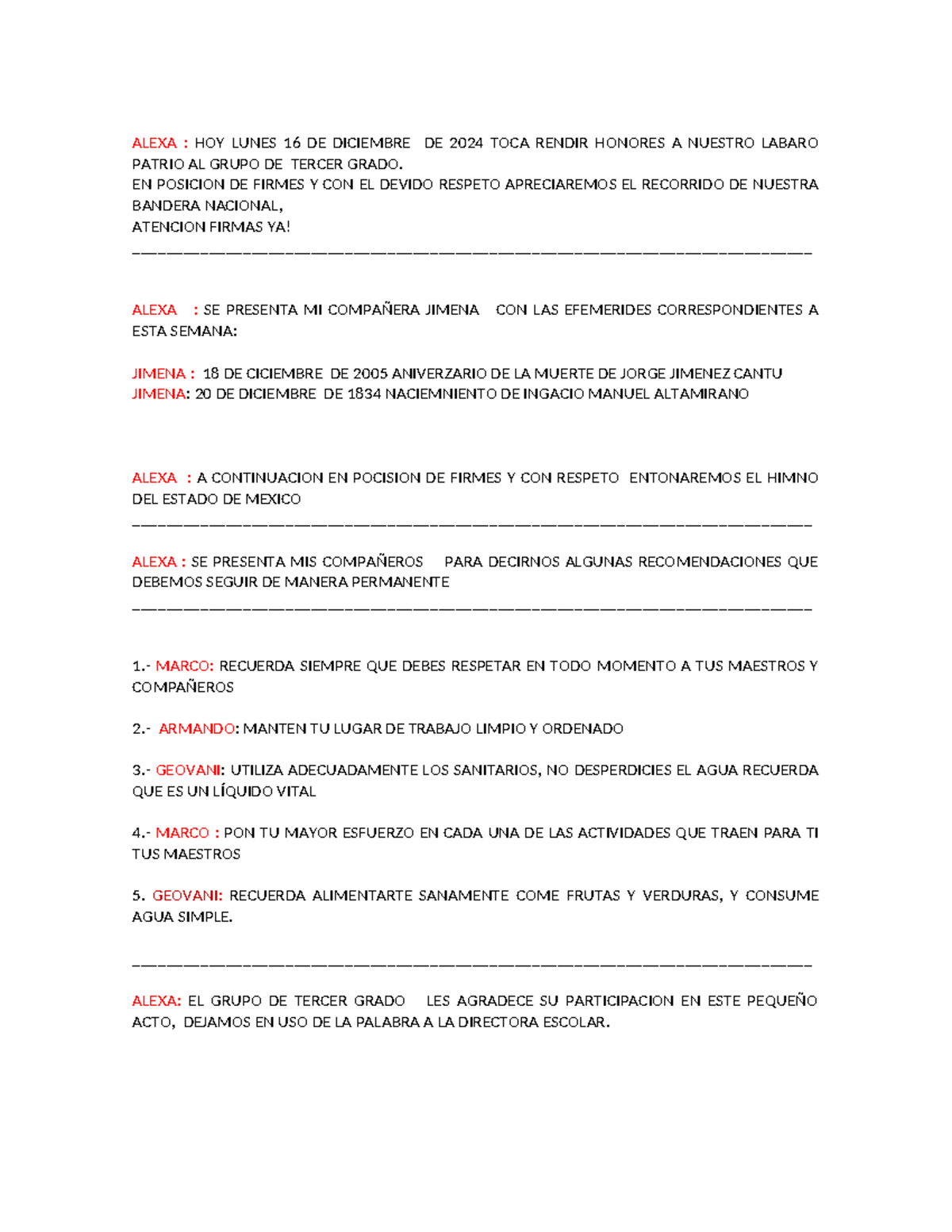 Honores dia lunes - ALEXA : HOY LUNES 16 DE DICIEMBRE DE 2024 TOCA ...