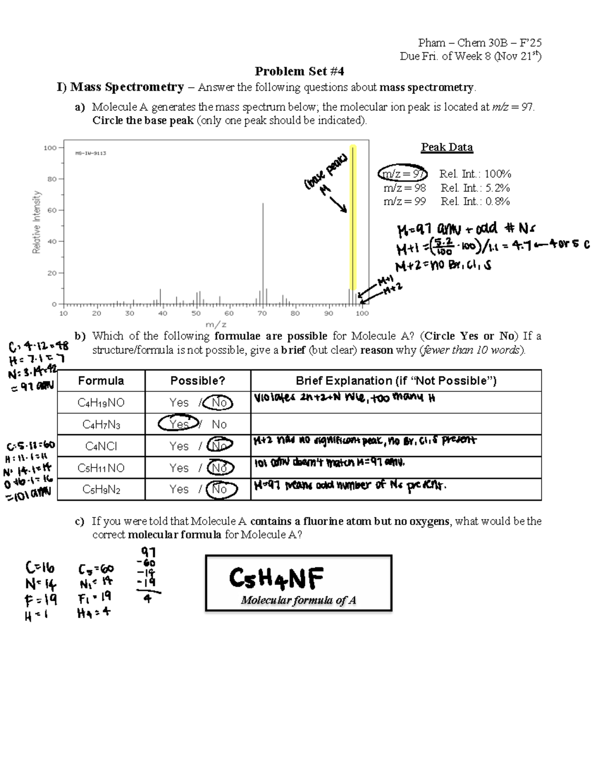 30B - Problem Set 4: Mass Spectrometry Analysis and Questions - Studocu