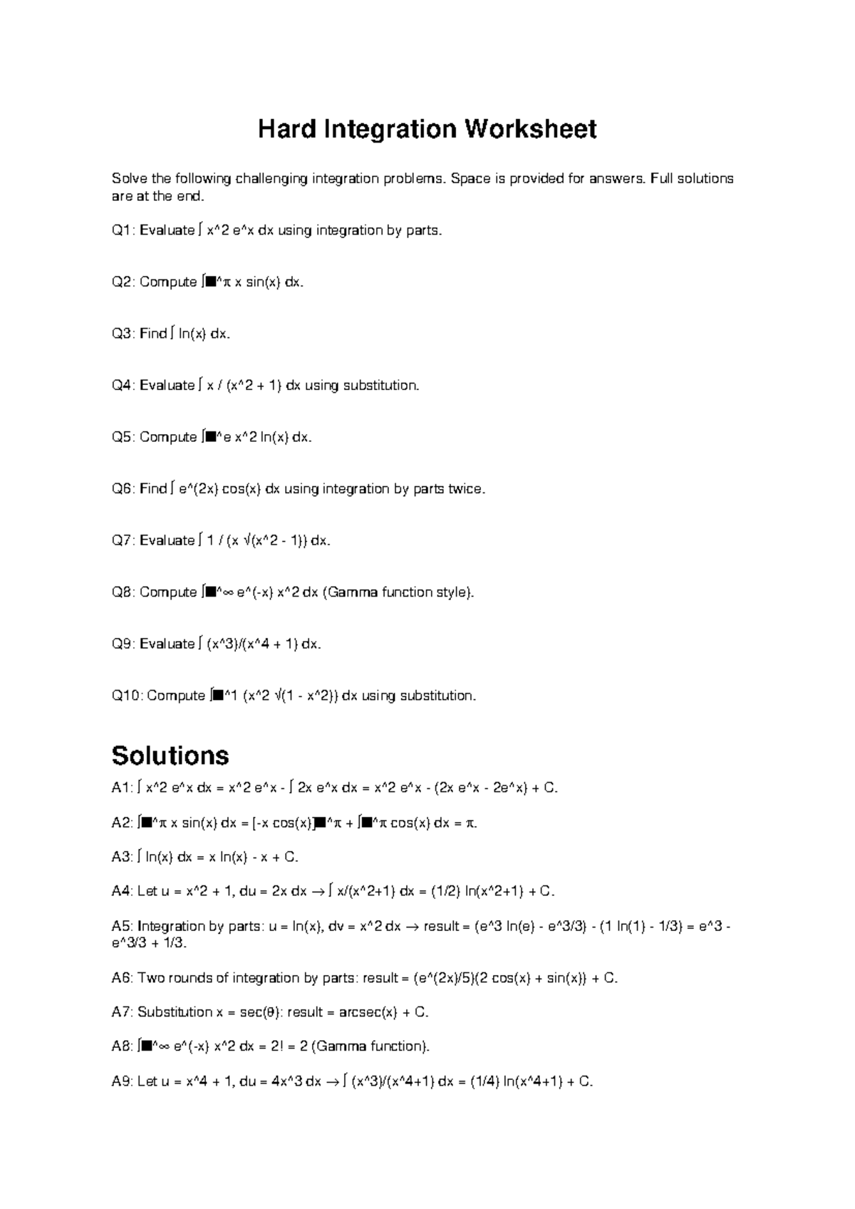 Advanced Integration Problems Worksheet - Studocu