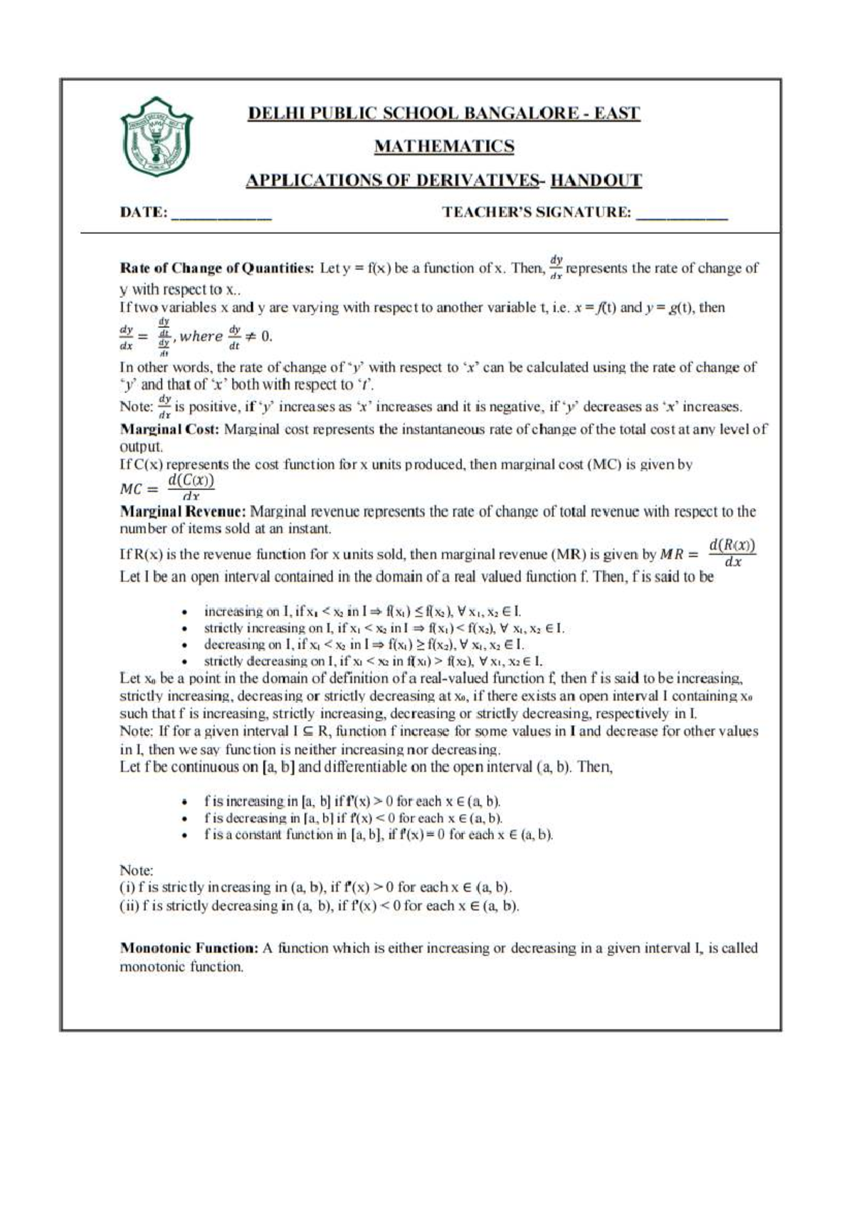 Application of Derivatives - Exercise Notes (2025) - Studocu
