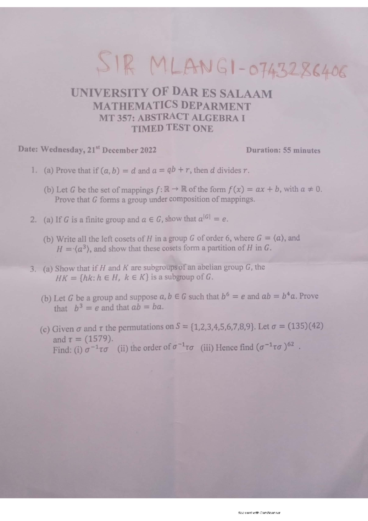 MT 357 TEST 01 2022 - Abstract algebra - SIR UNIVERSITY OF DAR ES ...