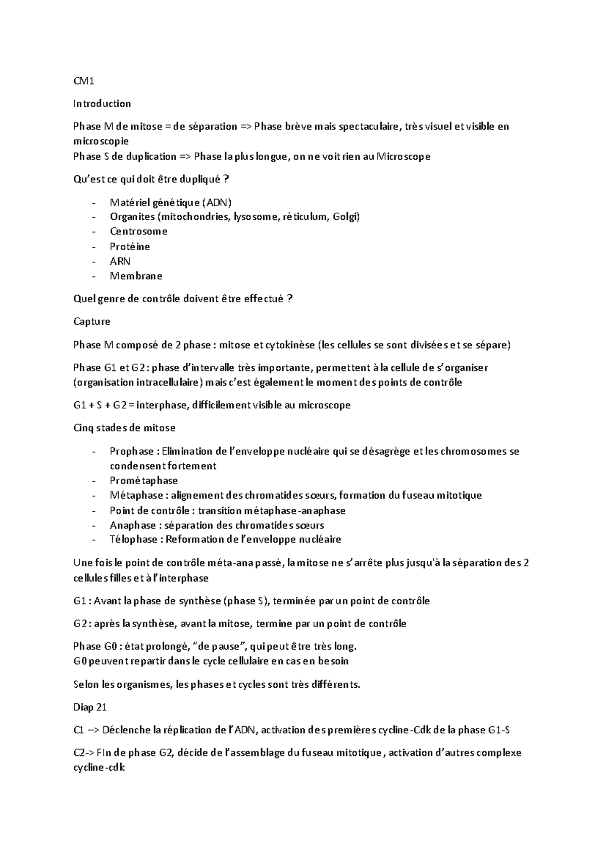 CM1: Cycle Cellulaire et Mitose - Notes de Violaine - Studocu